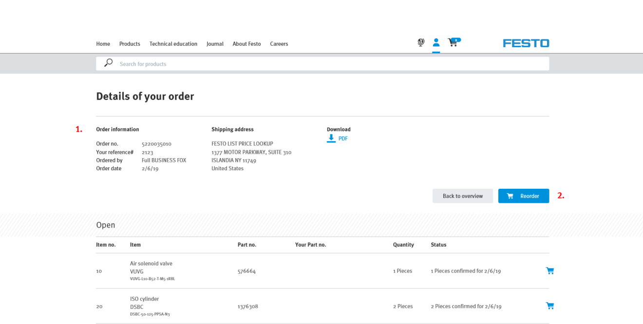 How to use the Order History | Festo USA